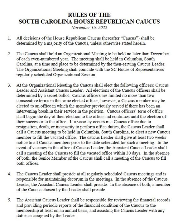 RULES OF THE SOUTH CAROLINA HOUSE REPUBLICAN CAUCUS